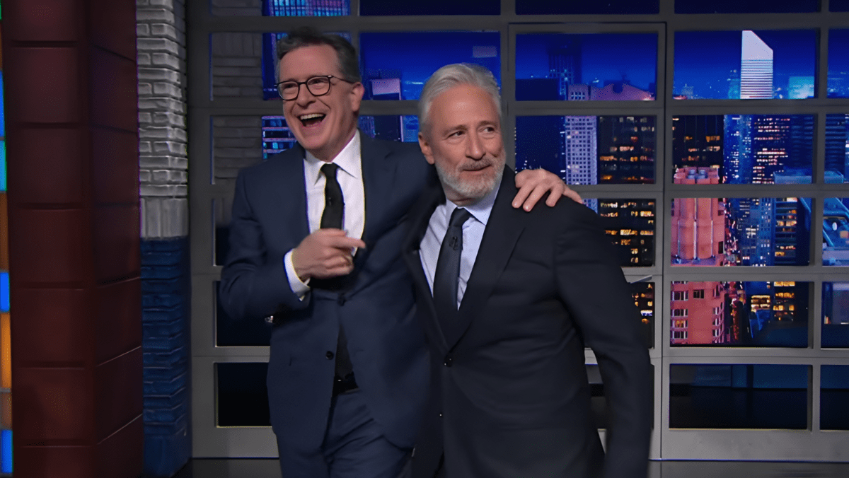Jon Stewart Brings Surprise Guest & Cancellation Gift for Stephen Colbert